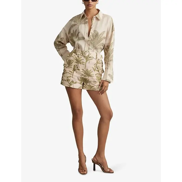 REISS Oskia Palm Tree-print Linen Shirt