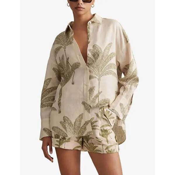 REISS Oskia Palm Tree-print Linen Shirt