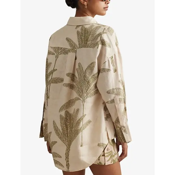 REISS Oskia Palm Tree-print Linen Shirt