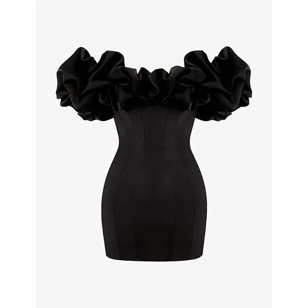House Of Cb Off-shoulder Stretch-satin Mini Dress
