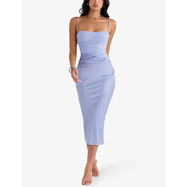 House Of Cb Teia Gathered-Front Satin Midi Dress - Sky | Editorialist