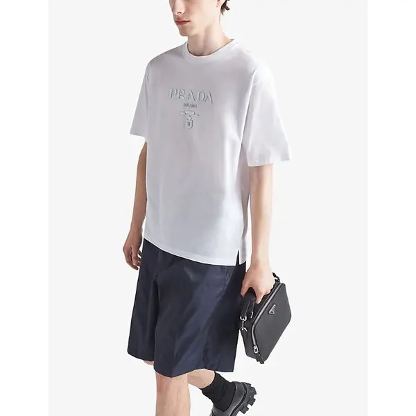 Prada Brand-Embroidered Boxy-Fit Cotton T-Shirt - White