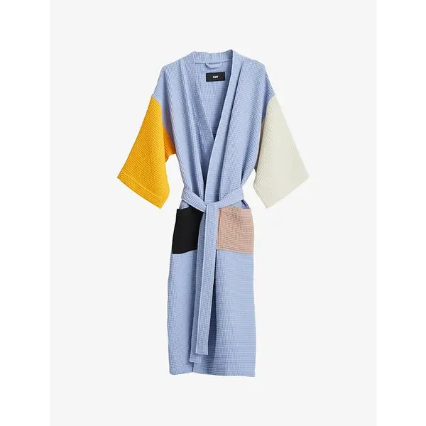 HAY Waffle-texture Cotton-blend Bathrobe - Dusty Blue Multi
