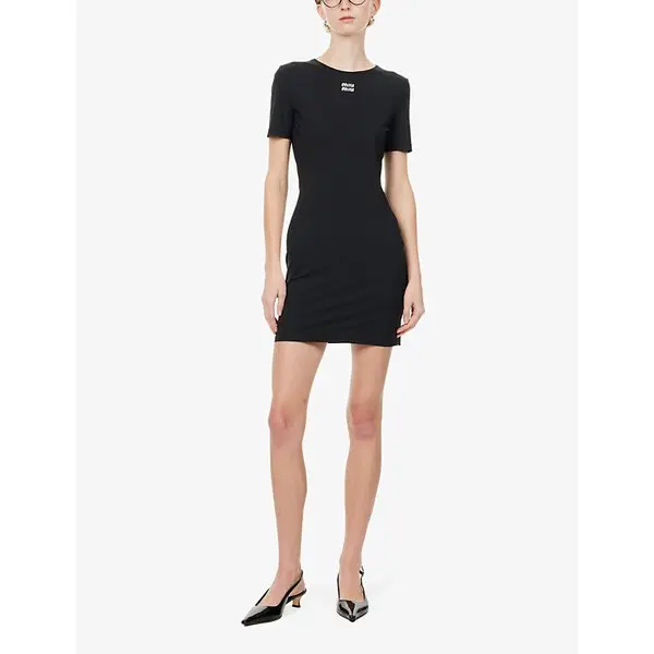 Miu Miu Logo-Print Stretch-Jersey Mini Dress - Nero | Editorialist