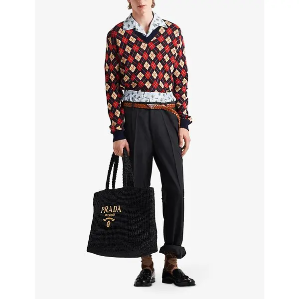 トップス Prada argyle v neck knit sweater Prada Argyle-Pattern V-Neck Cotton-Knit Sweatshirt - Blue