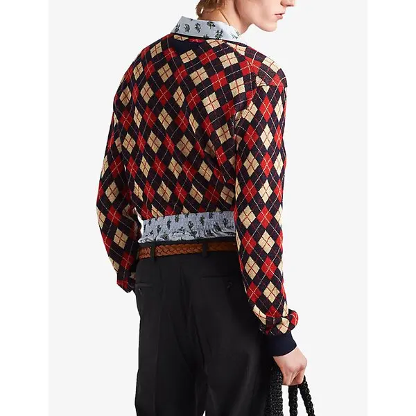 Prada Argyle-Pattern V-Neck Cotton-Knit Sweatshirt - Blue