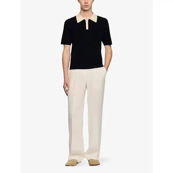 Sandro Contrast-collar Stretch-knit Polo Shirt - Black