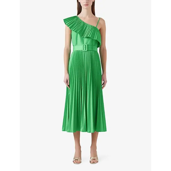 Lk Bennett Josephine One-Shoulder Pleated Woven Midi Dress In Gre-Green -  49% Off | Editorialist