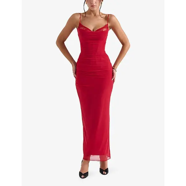 House Of Cb Nalini Lace-Trim Corseted Maxi Dress - Haute Red | Editorialist