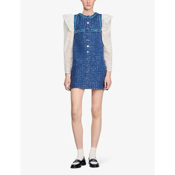 Sandro Denim-Trim Tweed Mini Dress - Bleus | Editorialist