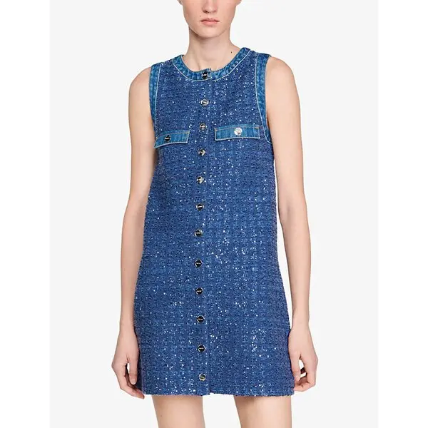 Sandro Denim-Trim Tweed Mini Dress - Bleus | Editorialist