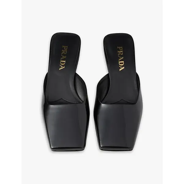 Prada Square-Toe Brand-Print Patent-Leather Heeled Mules - Black