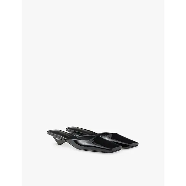 Prada Square-Toe Brand-Print Patent-Leather Heeled Mules - Black