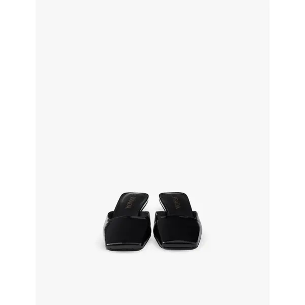 Prada Square-Toe Brand-Print Patent-Leather Heeled Mules - Black