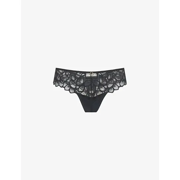 Panache Allure Floral-embroidered Stretch-woven Thong - Black/latte