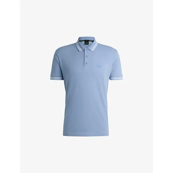 BOSS Logo-embroidered Stripe Cotton-piqué Polo Shirt - Open Blue
