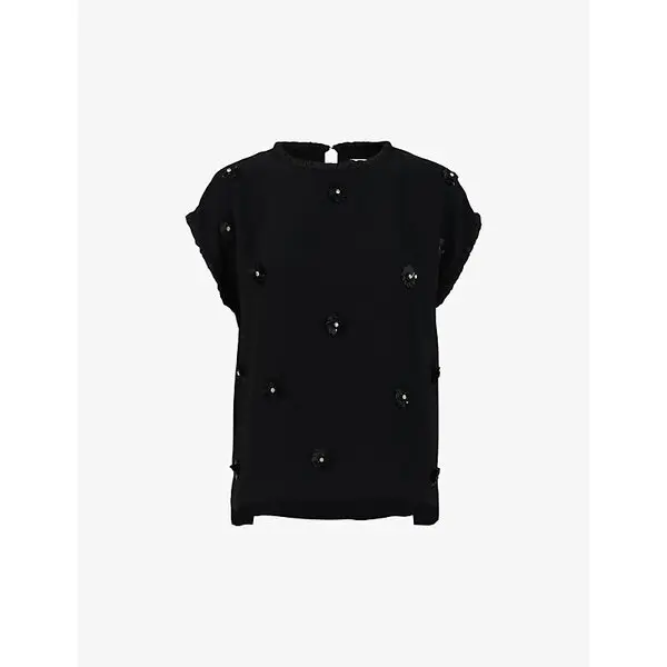 LEEM Flower-embroidered High-neck Woven Top
