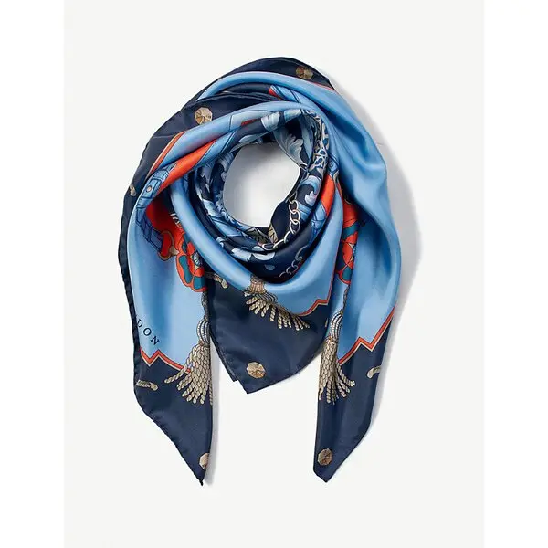 ASPINAL OF LONDON Signature Shield Graphic-print Silk Scarf - Blue