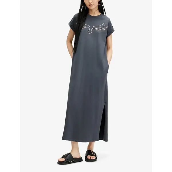 Allsaints Randal Anna Graphic-Print Organic-Cotton Maxi Dress - Washed  Black | Editorialist
