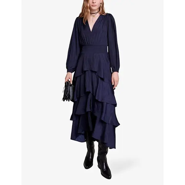 Maje Ruffinella Smocked-waist Ruffled Maxi Dress - Bleus
