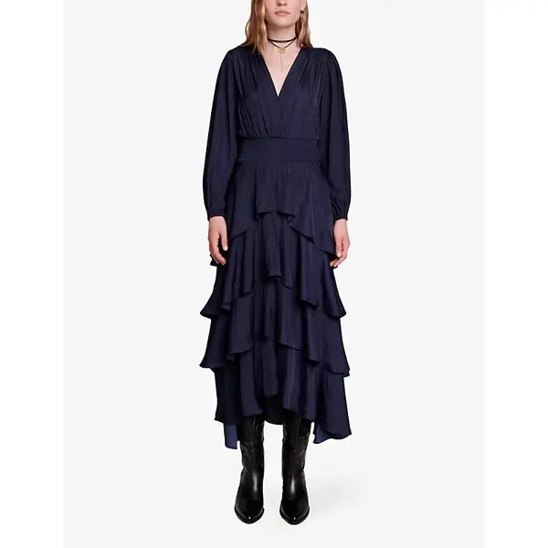 Maje Ruffinella Smocked-waist Ruffled Maxi Dress - Bleus
