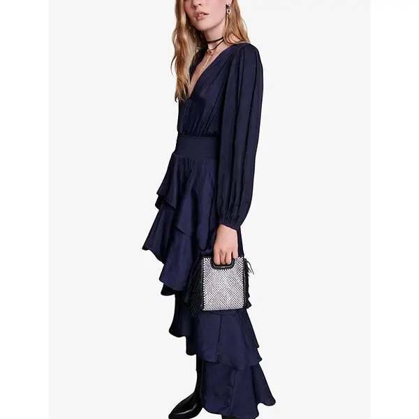 Maje Ruffinella Smocked-waist Ruffled Maxi Dress - Bleus