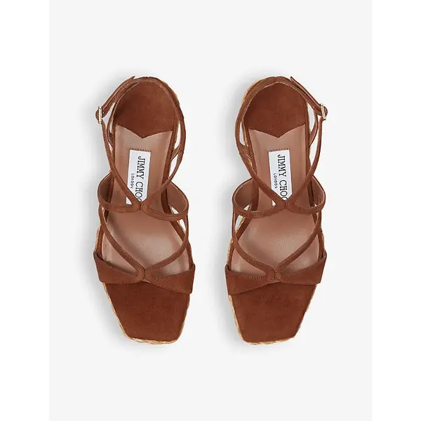 JIMMY CHOO Ayla 85 Suede And Raffia Wedge Sandals - Tan