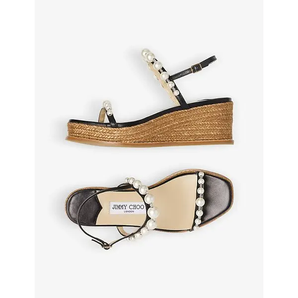 Jimmy Choo Amatuus 60 Faux Pearl-Embellished Leather Wedge Sandals