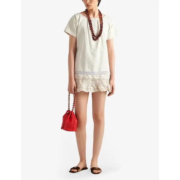 Embroidered Lace-trimmed Linen Mini Dress