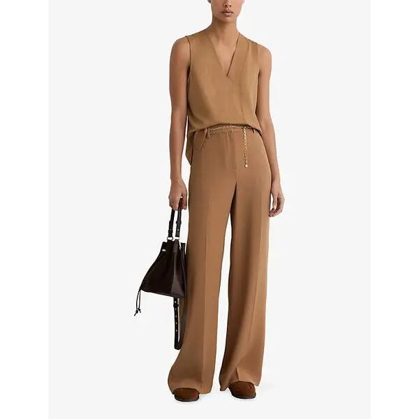 REISS Mira V-neck Sleeveless Woven Top - Camel