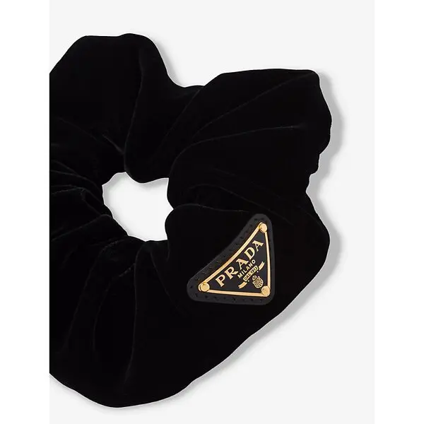 Prada Velvet Scrunchie With Logo Plaque - Black