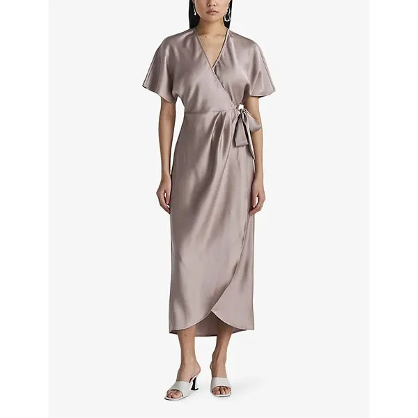 knee length dresses for ladies Chi Chi Cami Wrap style Satin Midi Dress in Grey, Size 14