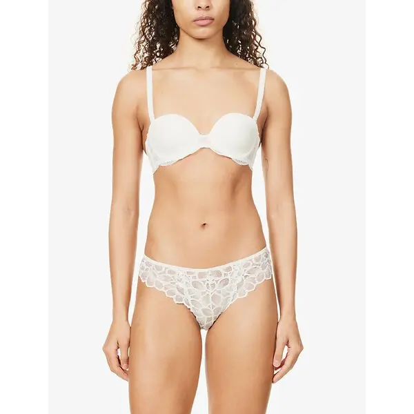 Panache Allure Floral-embroidered Stretch-woven Thong - Ivory
