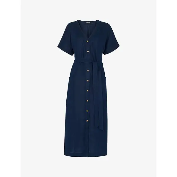 Whistles Button-Fastened Belted Linen Midi Dress In Navy - 44% Off |  Editorialist