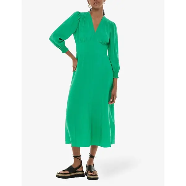 whistles green midi dress Green Textured Belted Midi Dress | WHISTLES