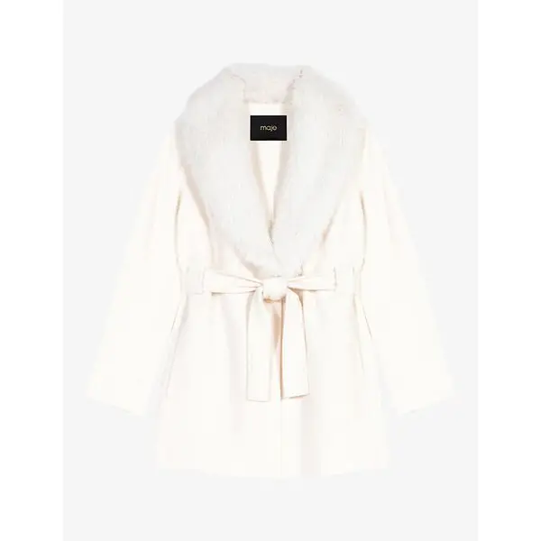Maje Belted Wool-blend Coat With Faux Fur Collar - Blanc