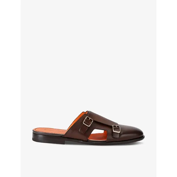 Santoni Monk Double-buckle Leather Mules - Dark Brown