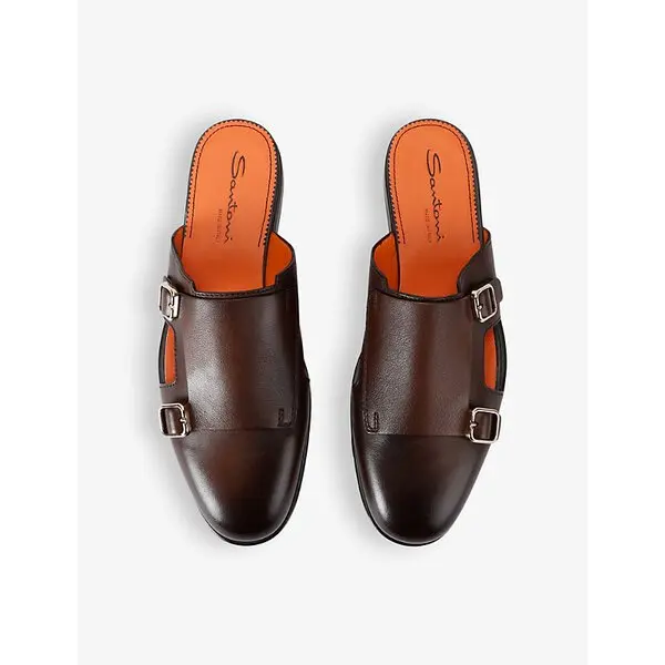 Santoni Monk Double-buckle Leather Mules - Dark Brown