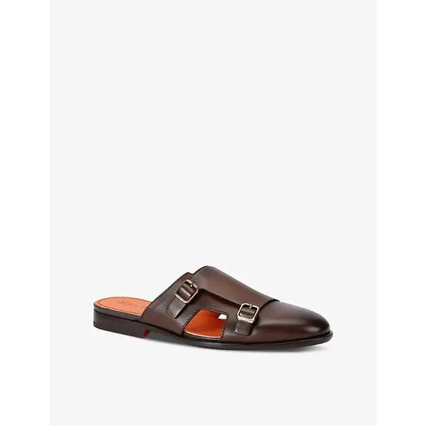 Santoni Monk Double-buckle Leather Mules - Dark Brown