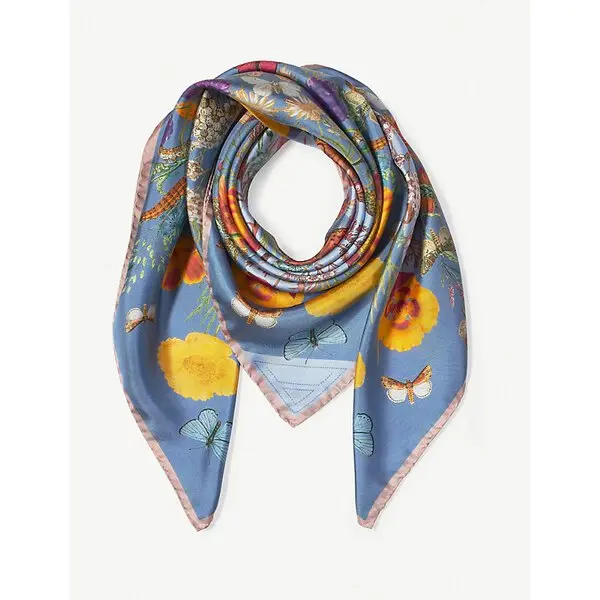 ASPINAL OF LONDON Botanical 'a' Floral-print Silk Scarf - Blue/yellow