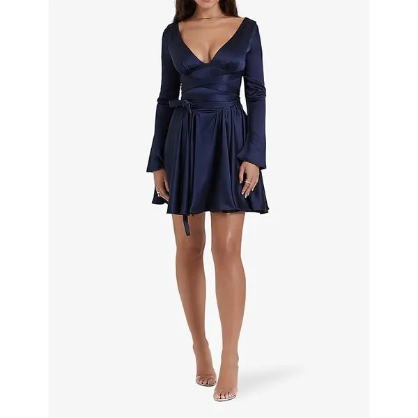 House Of Cb Dominique Flared-Hem Satin Mini Dress - Navy | Editorialist