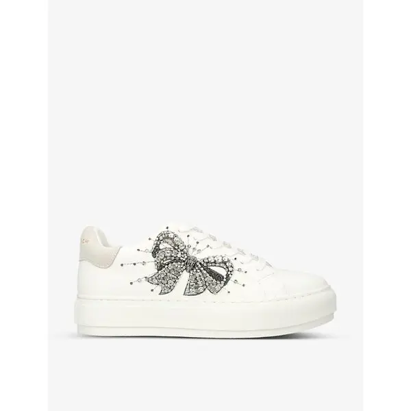 Kurt Geiger Laney Bow Crystal-embellished Leather Flatform Trainers