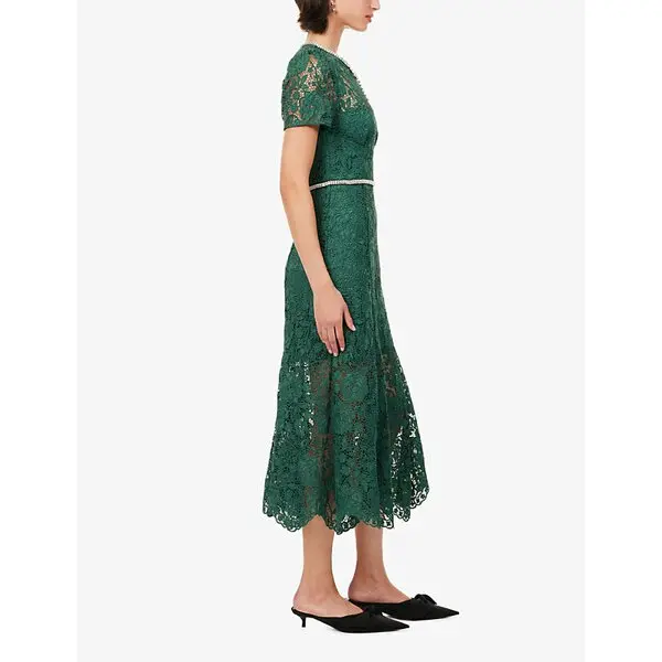 Self-Portrait Embroidered Lace Midi Dress - Green | Editorialist