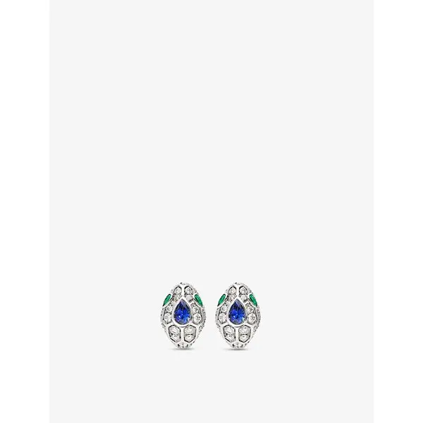 BVLGARI Serpenti 18ct White Gold Diamond, Sapphire And Emerald Earrings - Silver