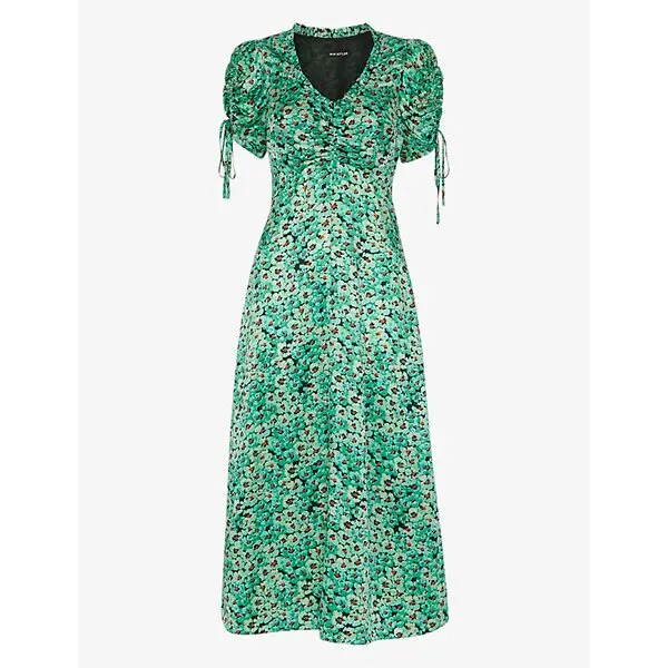 Whistles Floral-Print Ruched-Sleeve Satin Midi Dress In Multi-Coloured -  41% Off | Editorialist