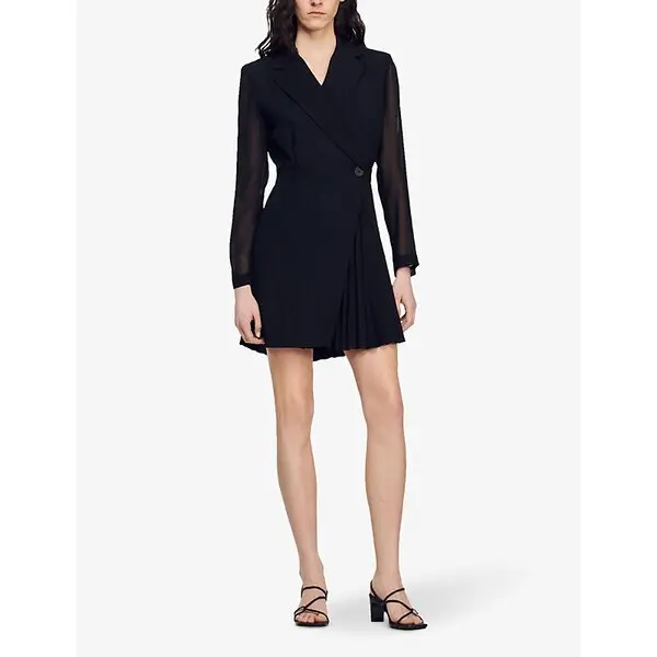 Sandro Wrap-over Woven And Wool-blend Mini Dress