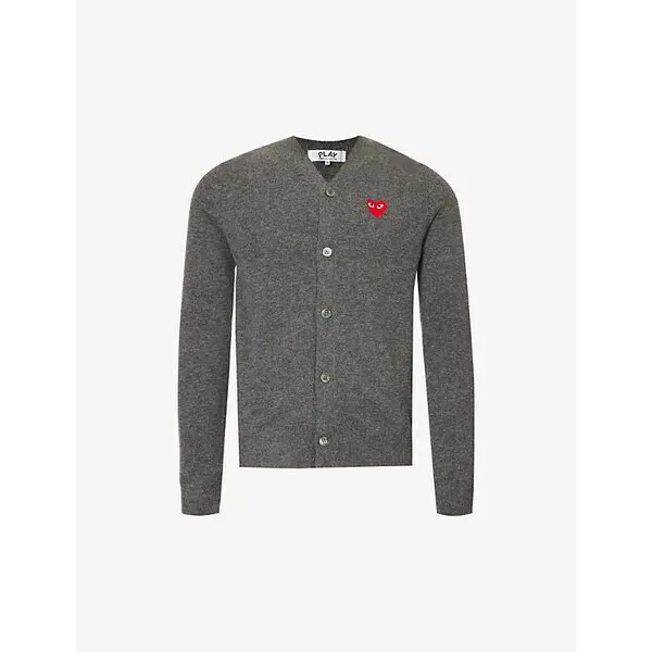 Play Comme Des Garcon Logo-embroidered V-neck Wool Cardigan - Med Gray