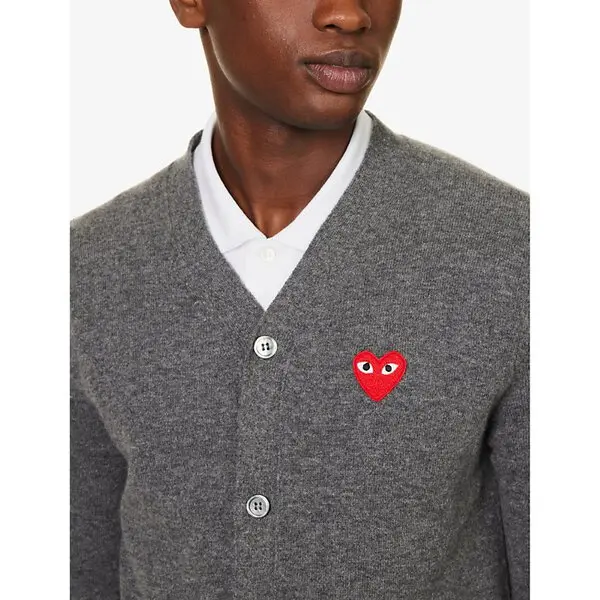 Play Comme Des Garcon Logo-embroidered V-neck Wool Cardigan - Med Gray