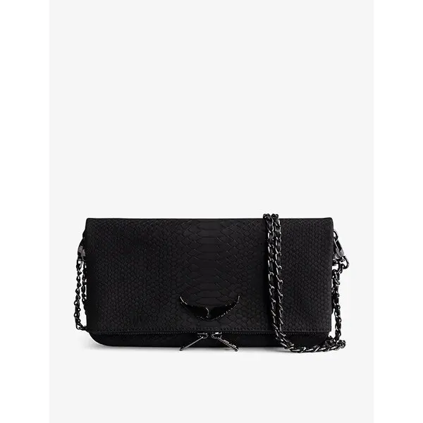 Zadig&Voltaire Rock Python-embossed Leather Clutch With Wing Embellishment - Noir
