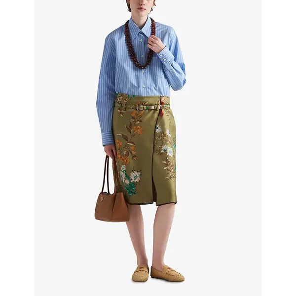 Prada Floral-Print Belted High-Rise Silk Mini Skirt - Green